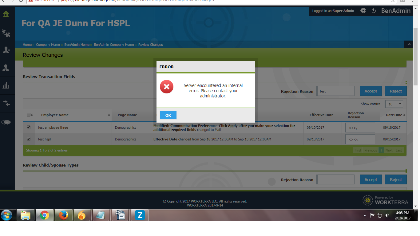 [ST-342] Pending Queue/Review Changes->Getting server error after click of common reject button ...